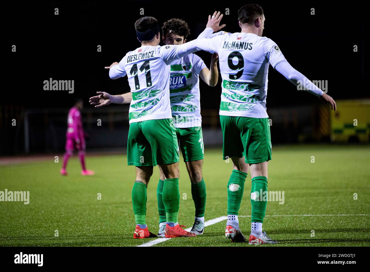Barry, UK. 20th Jan, 2024. Adrian Cieślewicz of TNS celebrates scoring ...