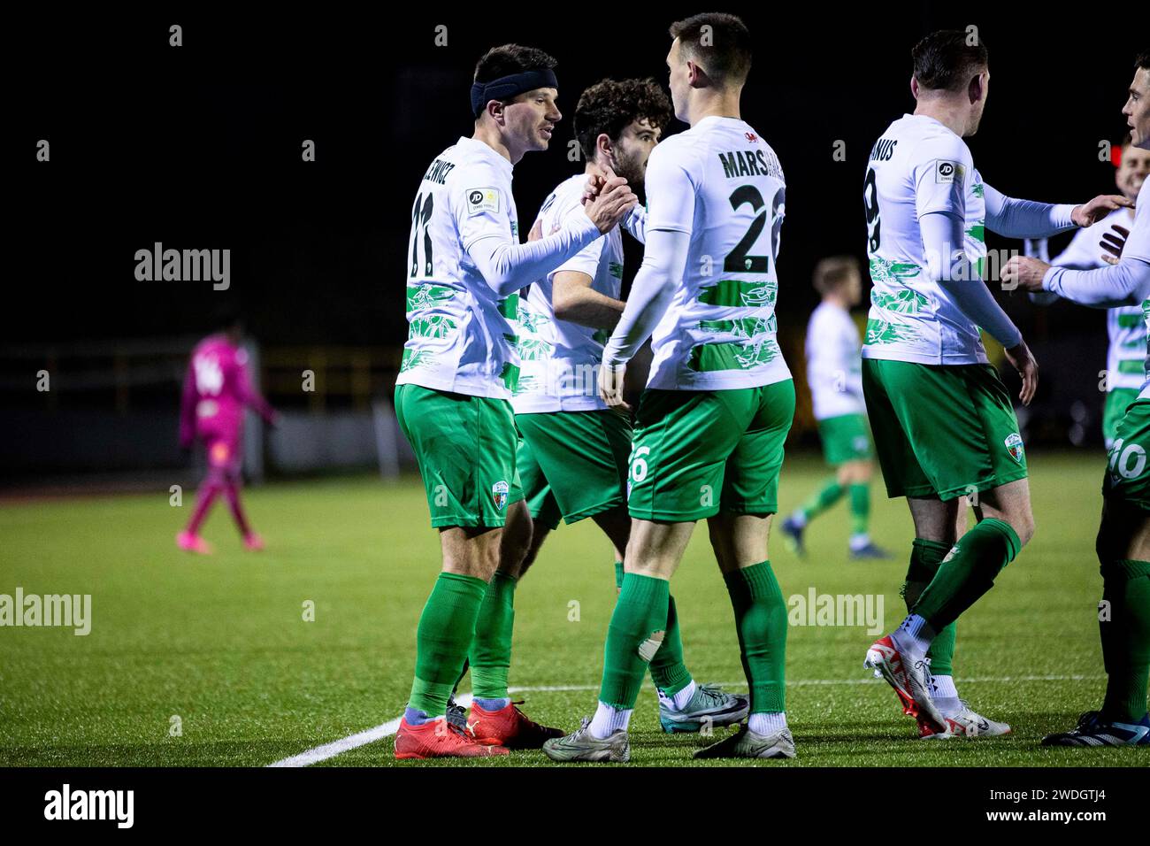 Barry, UK. 20th Jan, 2024. Adrian Cieślewicz of TNS celebrates scoring ...