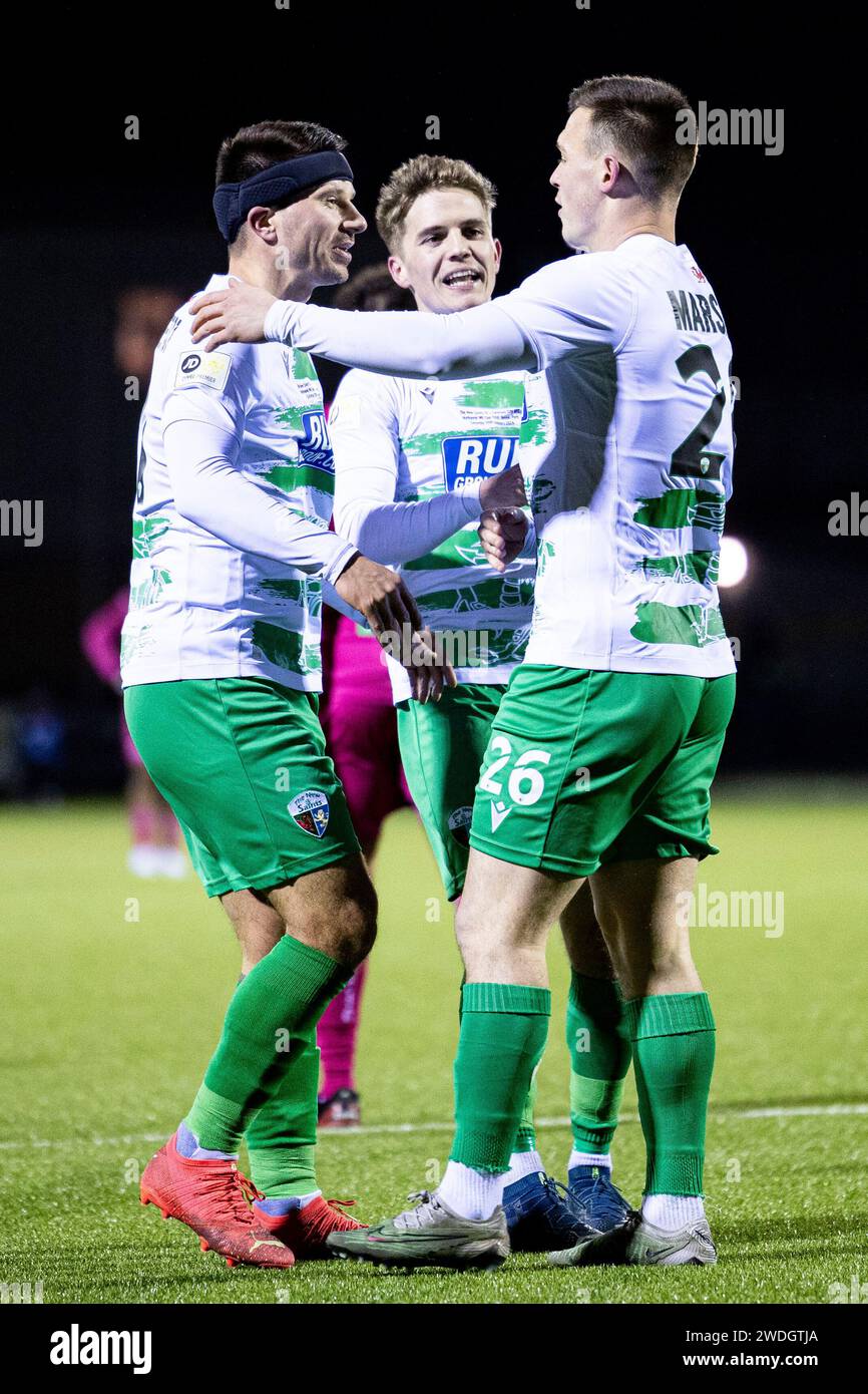 Barry, UK. 20th Jan, 2024. Adrian Cieślewicz of TNS celebrates scoring ...