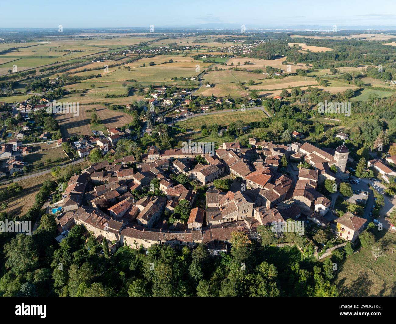 Aerial View of the many buildings of the medieval city of Perouges ...
