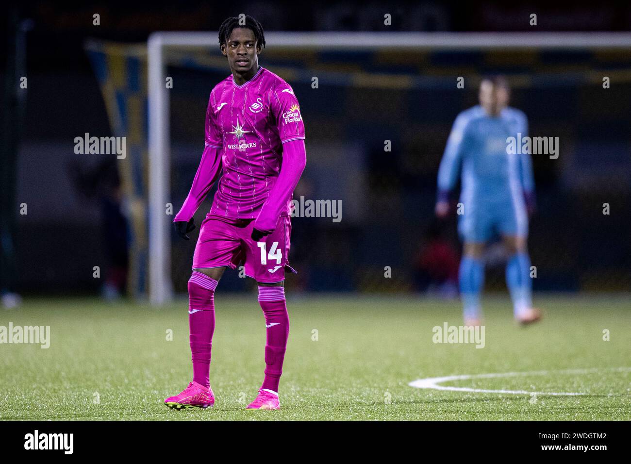 Barry, UK. 20th Jan, 2024. Maliq Cadogan of Swansea Cityty in action ...