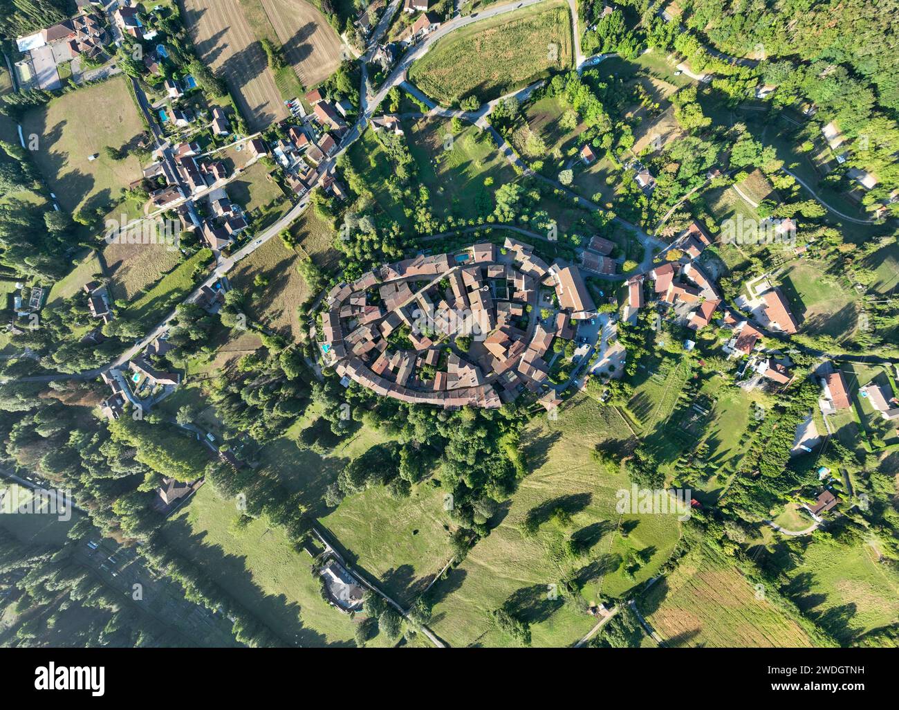 Aerial View of the many buildings of the medieval city of Perouges ...
