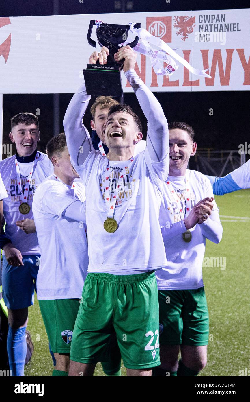 Barry, UK. 20th Jan, 2024. Danny Davies of TNS lifts the Nathaniel MG ...