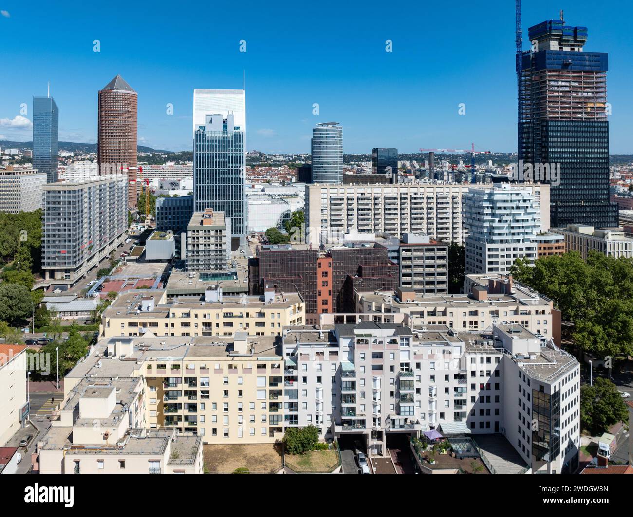 Aerial view of the business district of Lyon and the city skyline in ...