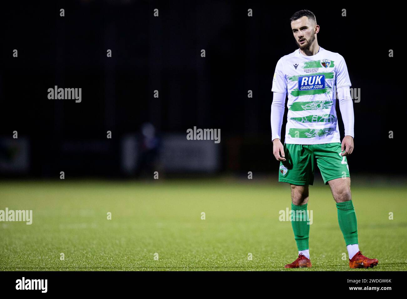 Barry, UK. 20th Jan, 2024. Leo Smith of TNS in action. The New Saints v ...