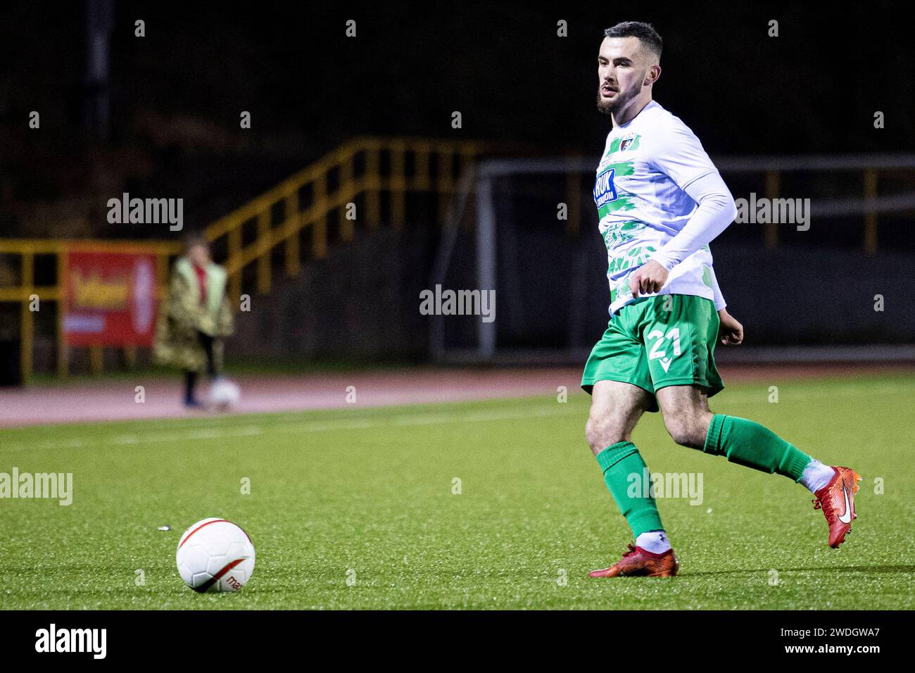 Barry, UK. 20th Jan, 2024. Leo Smith of TNS in action. The New Saints v ...