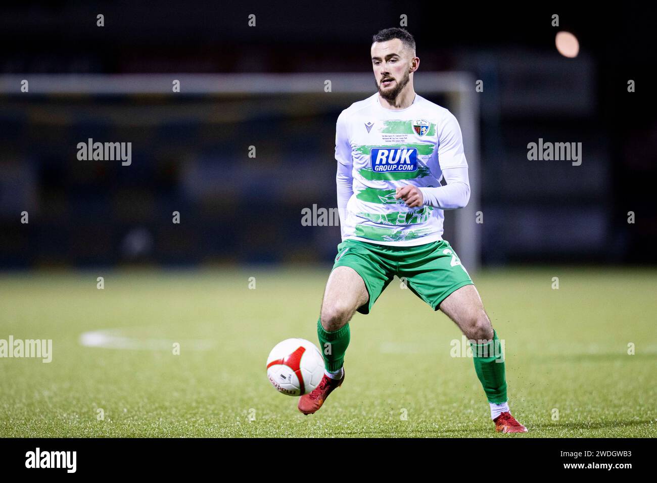 Barry, UK. 20th Jan, 2024. Leo Smith of TNS in action. The New Saints v ...