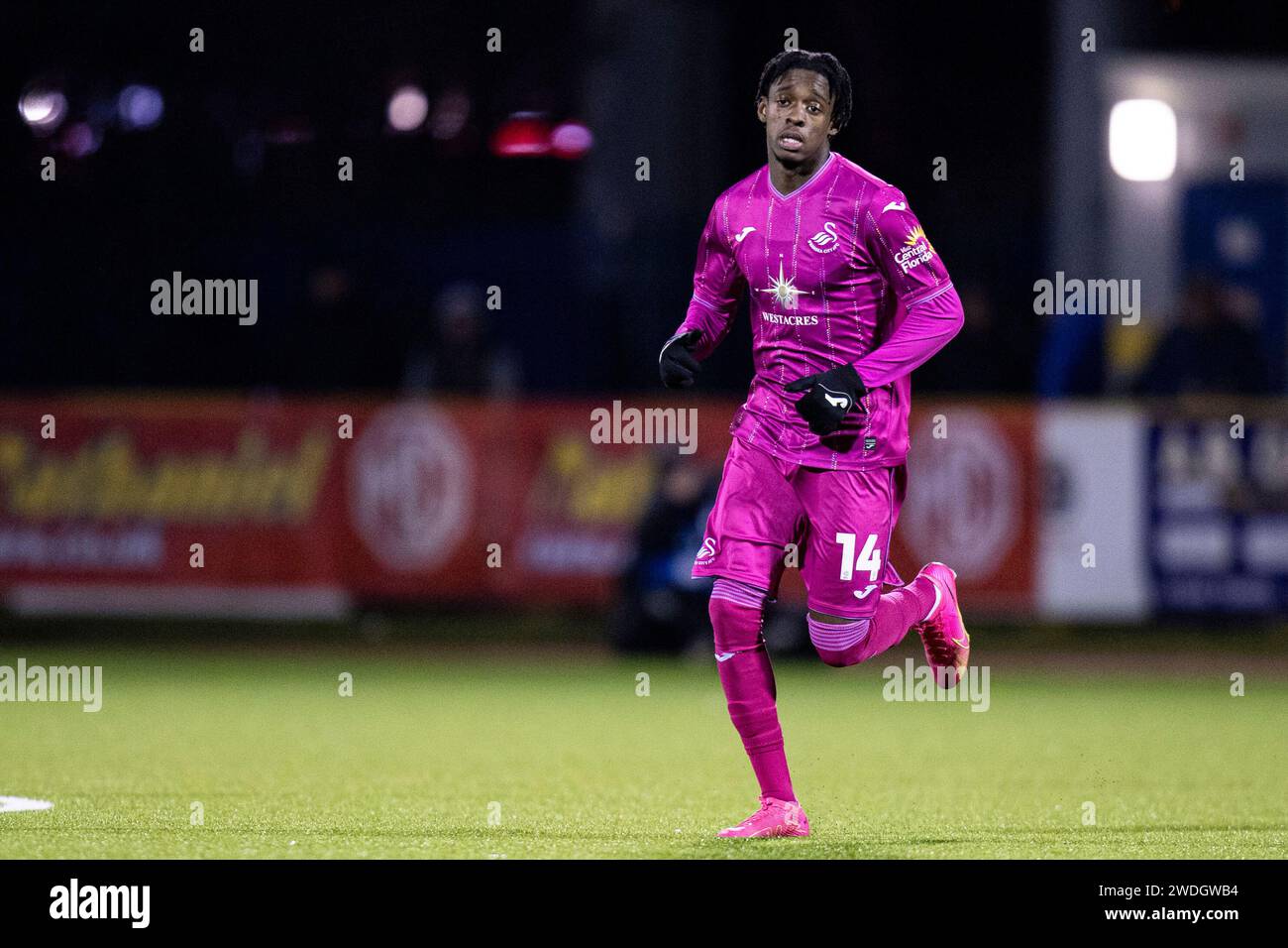 Barry, UK. 20th Jan, 2024. Maliq Cadogan of Swansea City in action. The ...