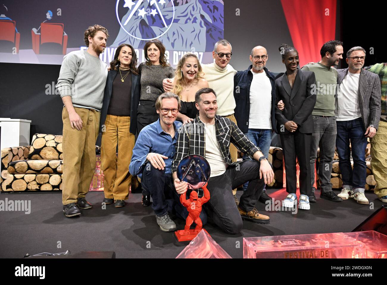 Alpe d Huez, France. 20 January, 2024. Olivier Ducray, Wilfriend Meance with their prizes, Pablo ...