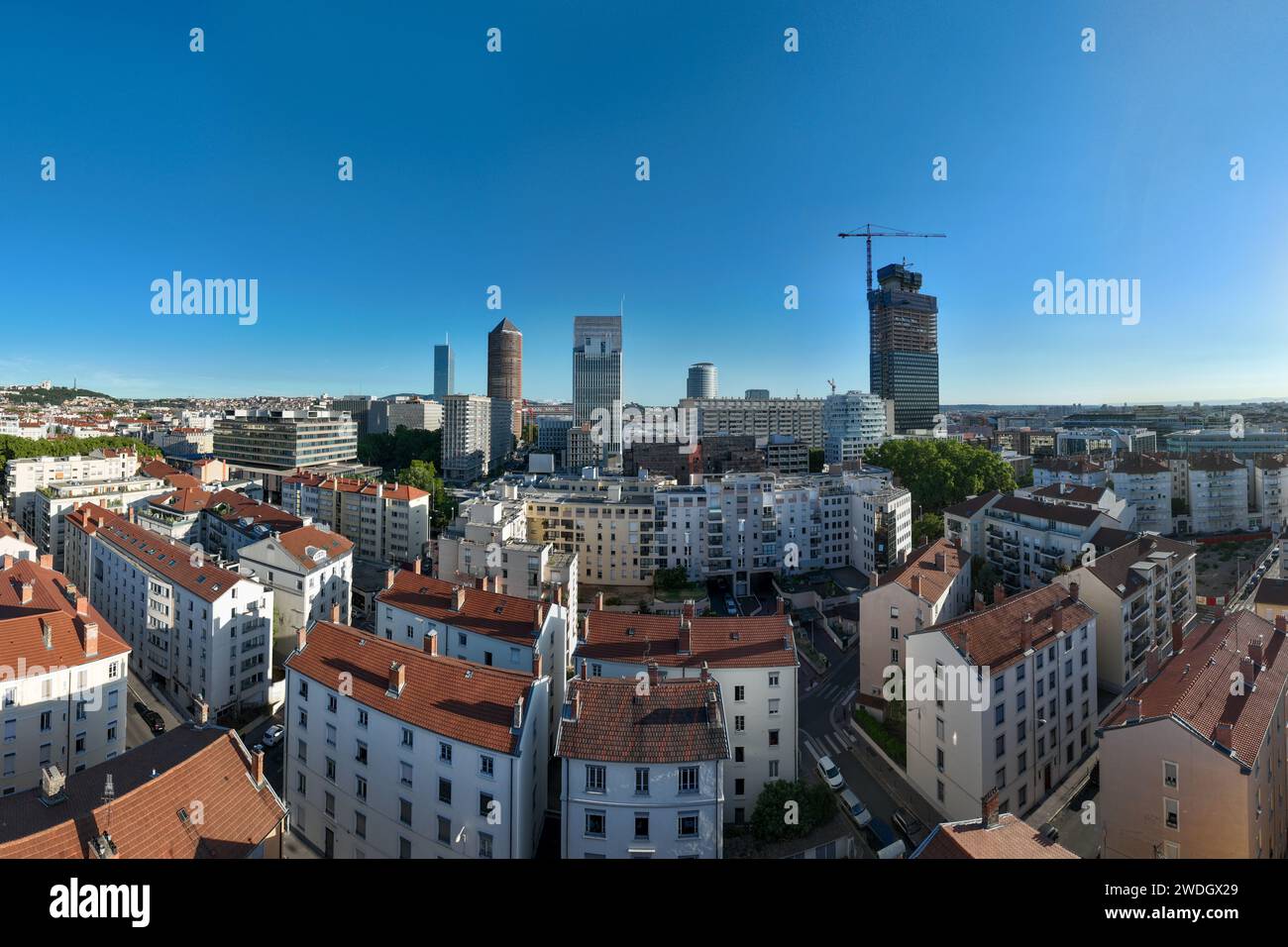 Aerial view of the business district of Lyon and the city skyline in ...
