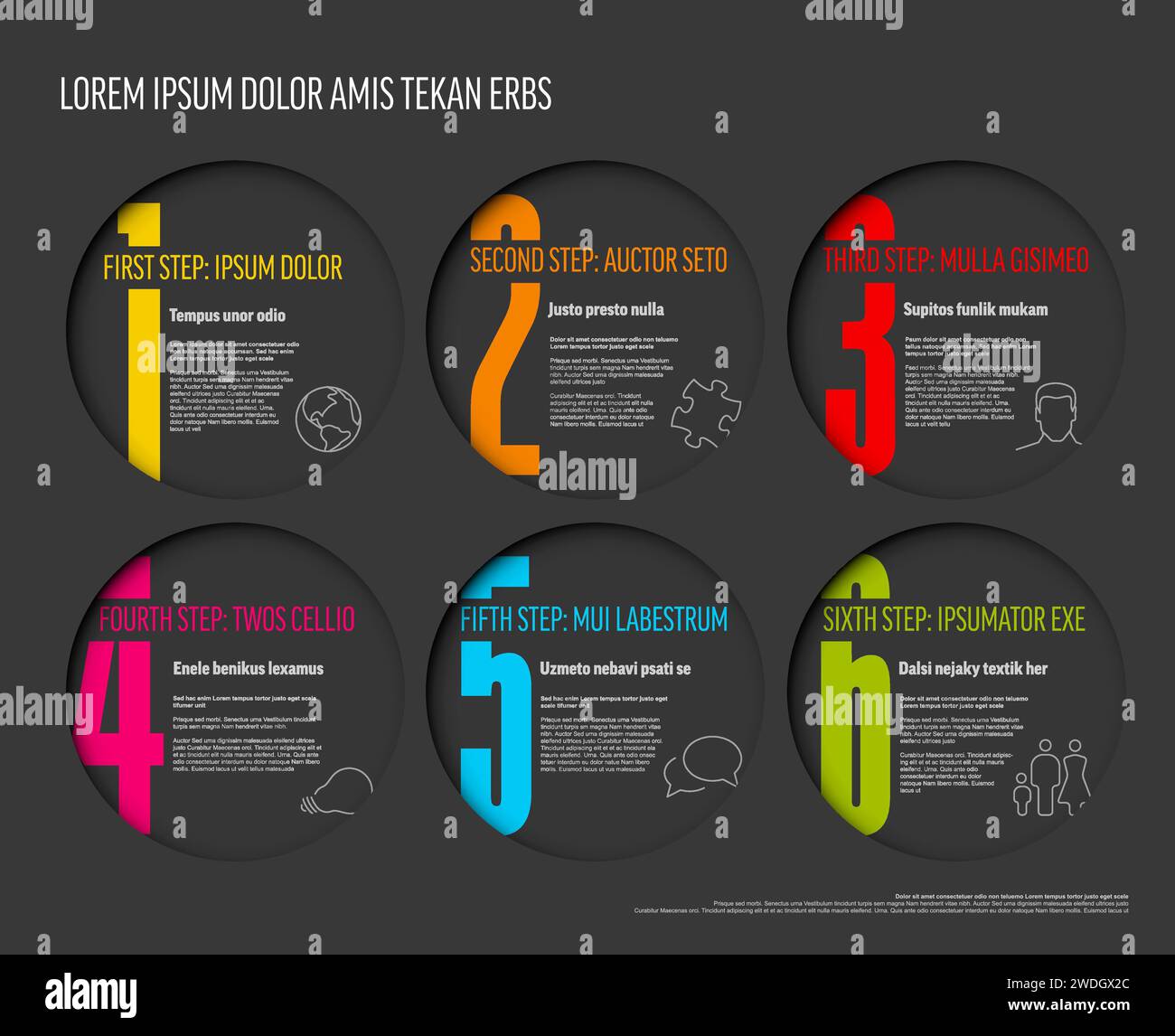 Dark progress steps template with descriptions icons and big color ...