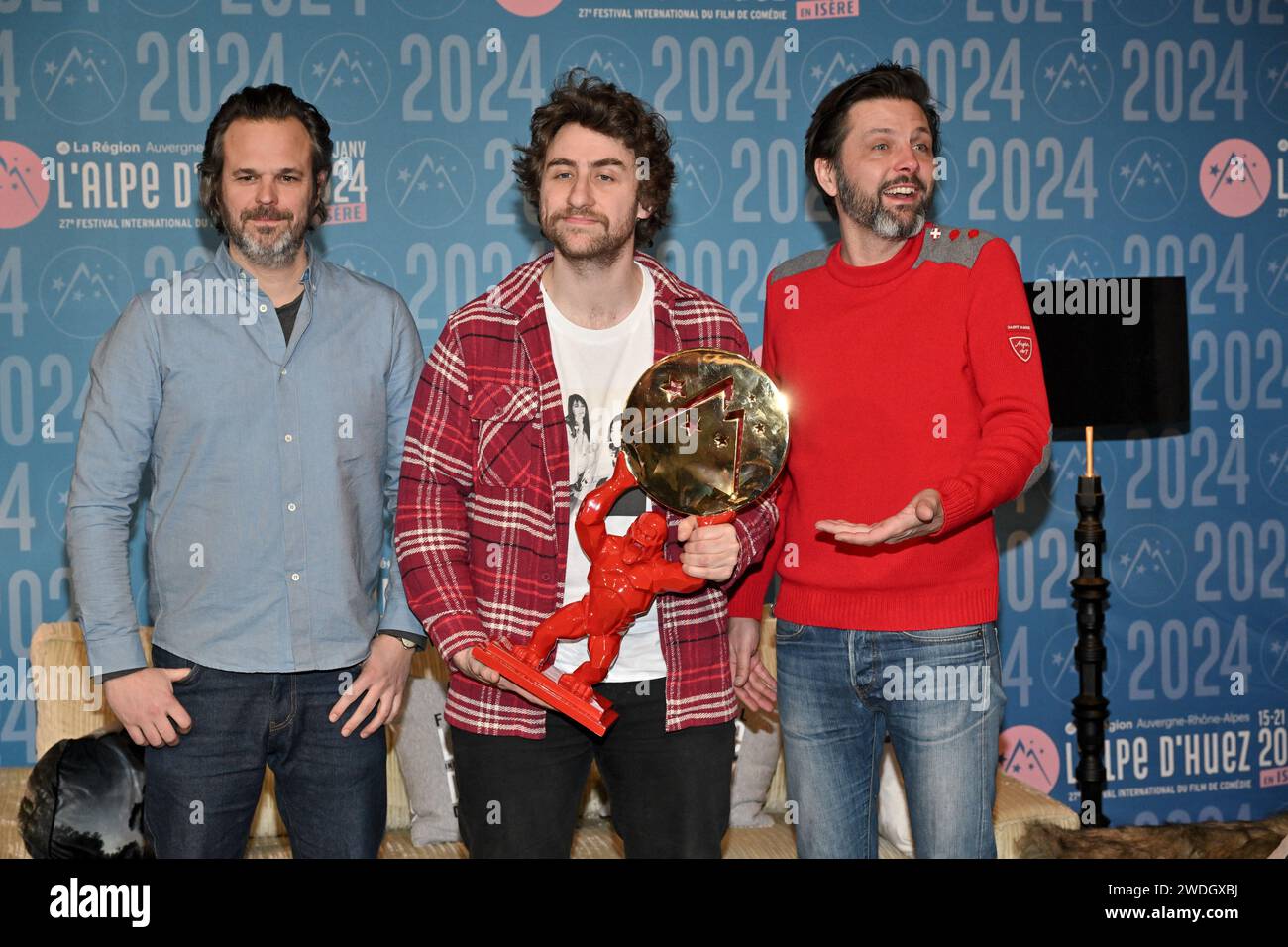 Alpe d Huez, France. 20 January, 2024. Florent Bernard and Producers attending the Winners ...