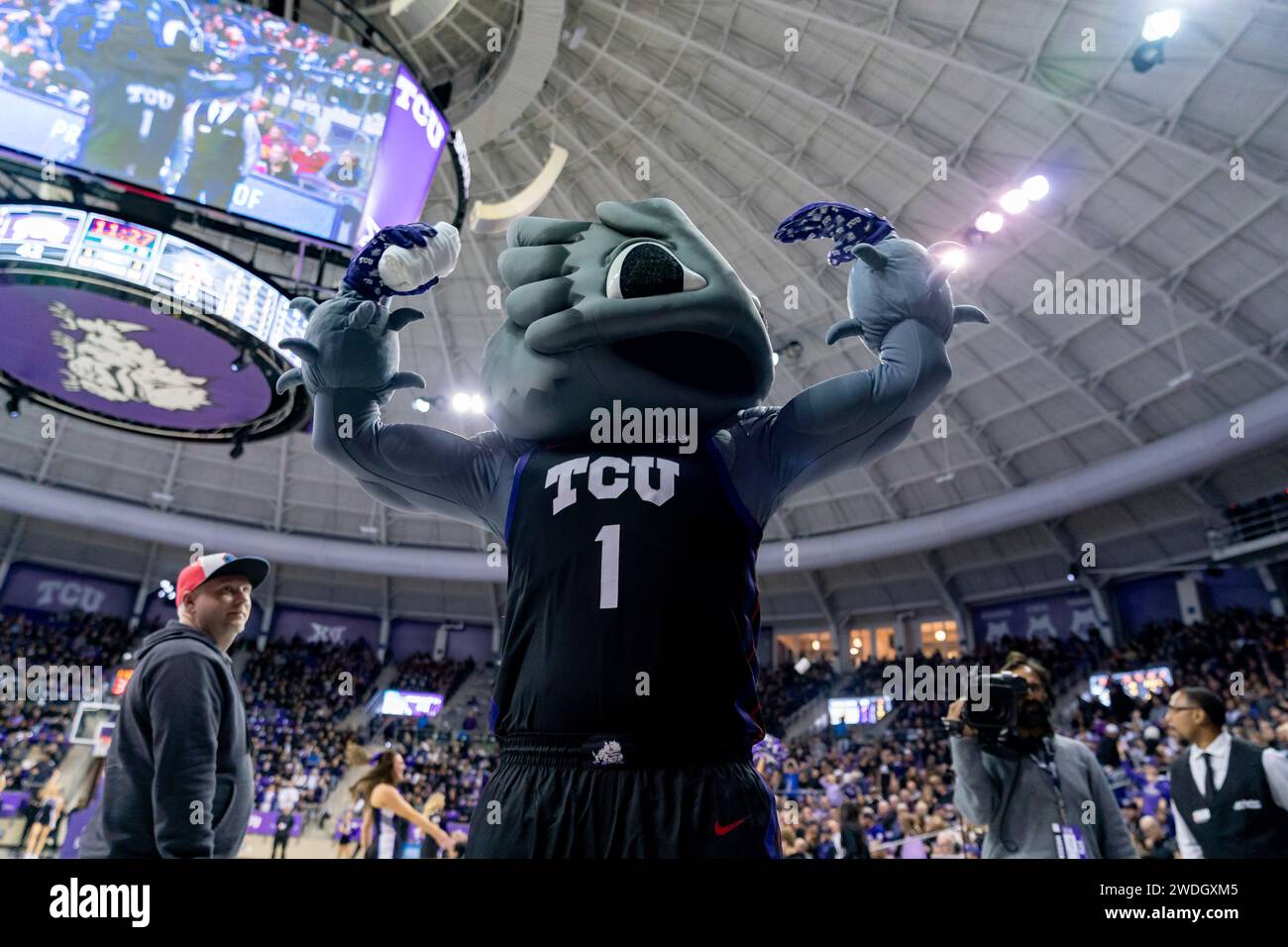 FORT WORTH, TX - JANUARY 20: TCU Horned Frogs mascot Super Frog gets ...