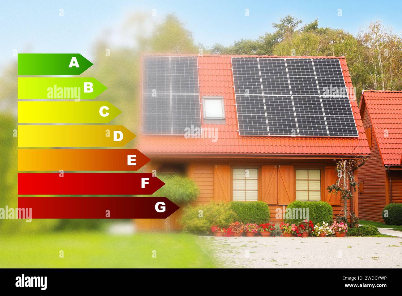 Energy efficiency rating and blurred view of house with solar panels ...