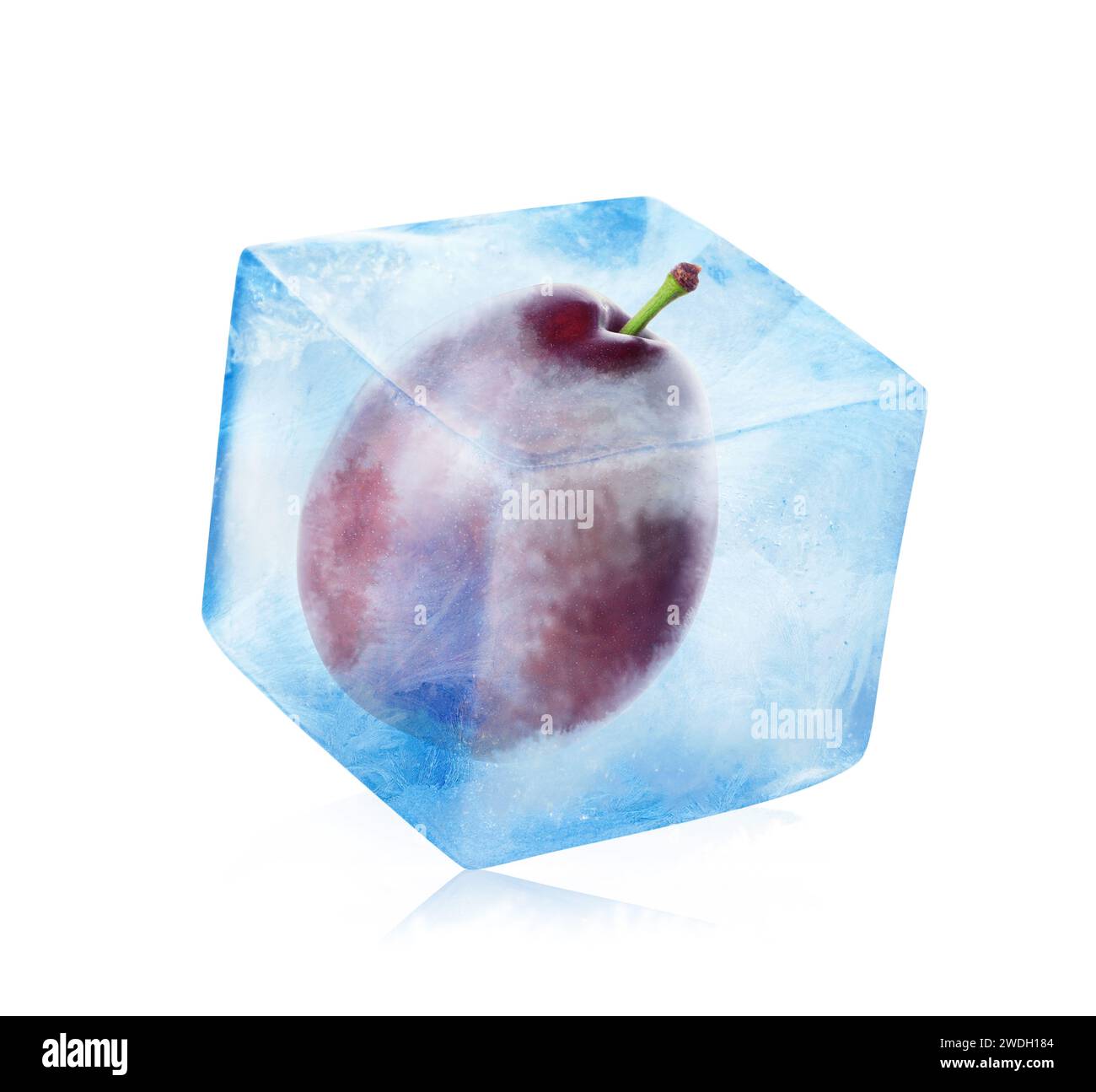 Frozen food. Raw plum in ice cube isolated on white Stock Photo - Alamy