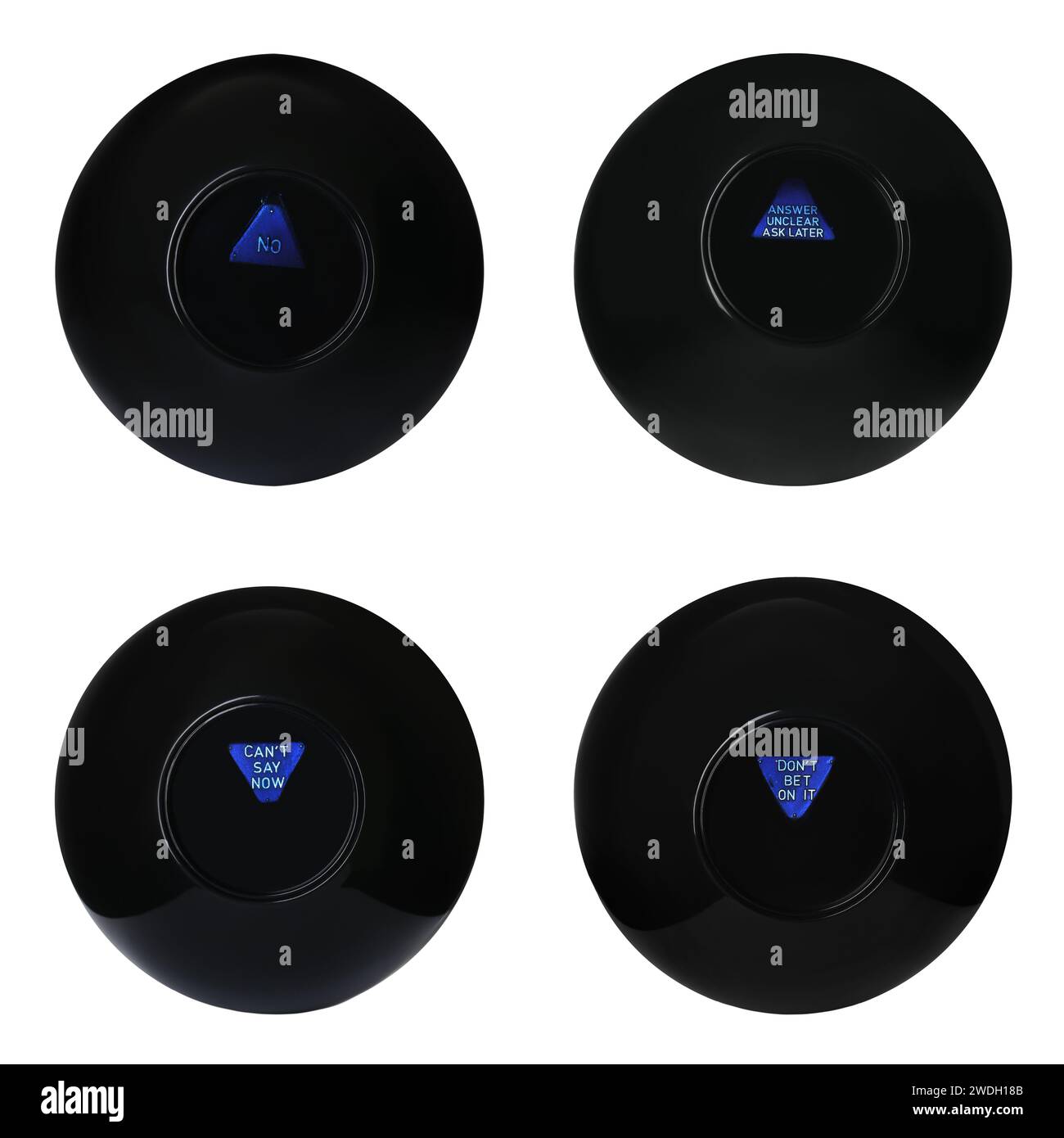 Magic eight ball with different predictions isolated on white ...