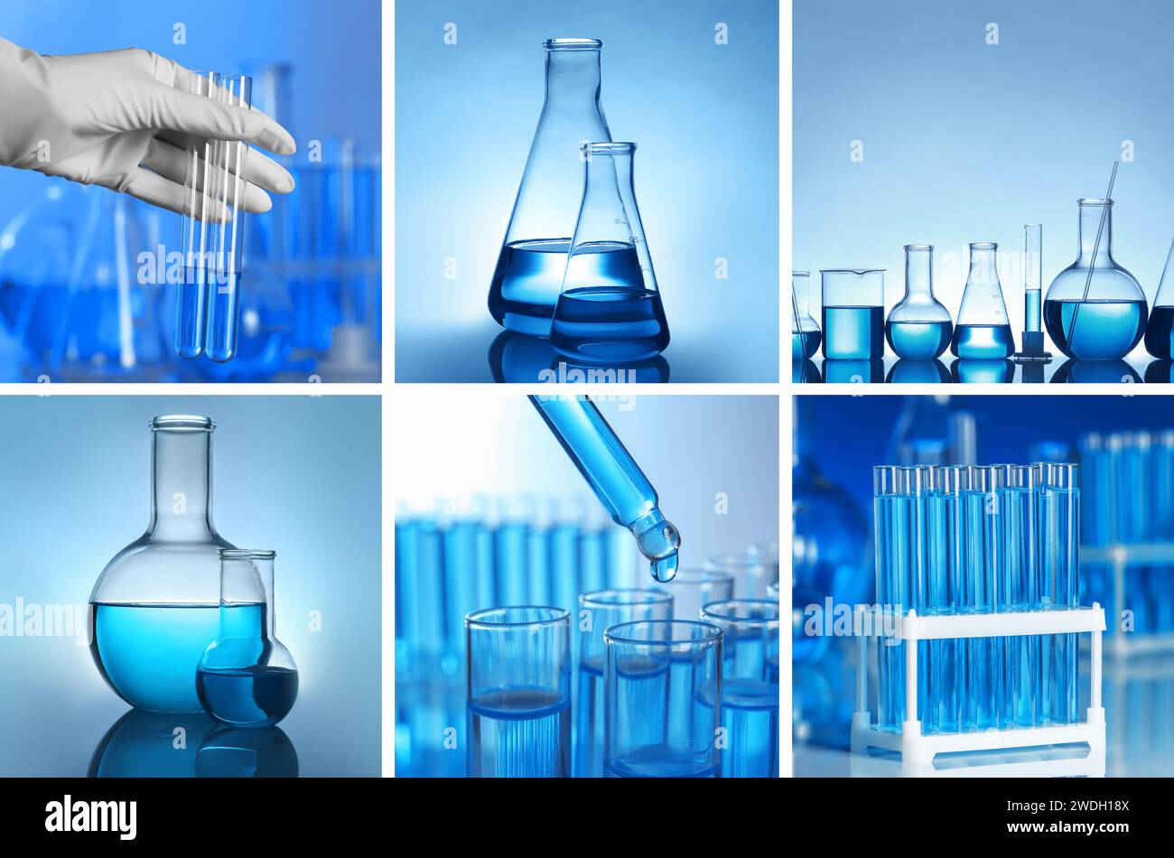 Laboratory glassware with samples and worker, collage Stock Photo - Alamy