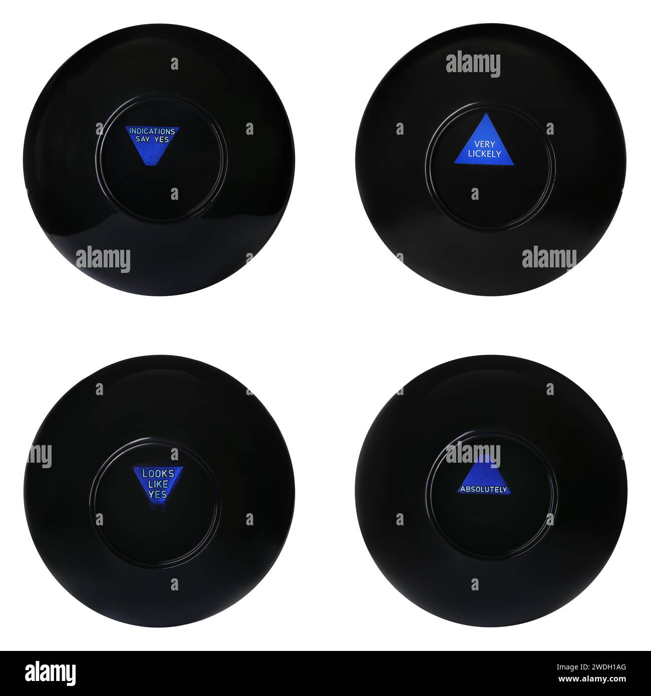 Magic eight ball with different predictions isolated on white ...