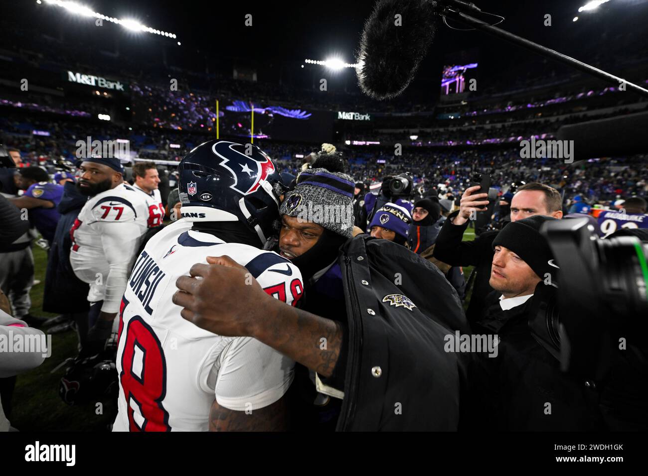 Houston Texans offensive tackle Laremy Tunsil, left, greets Baltimore ...