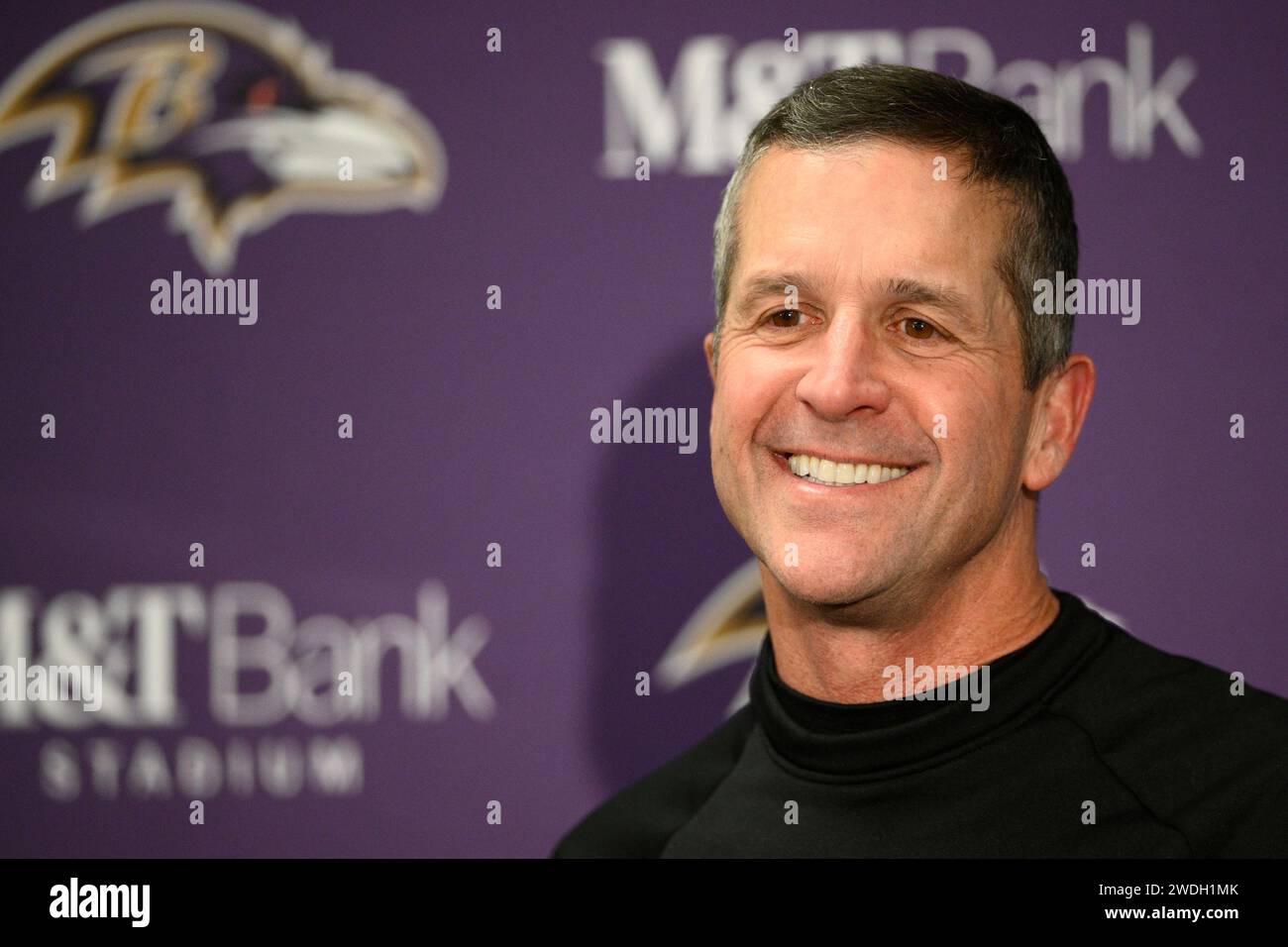 Baltimore Ravens head coach John Harbaugh speaks during a news ...