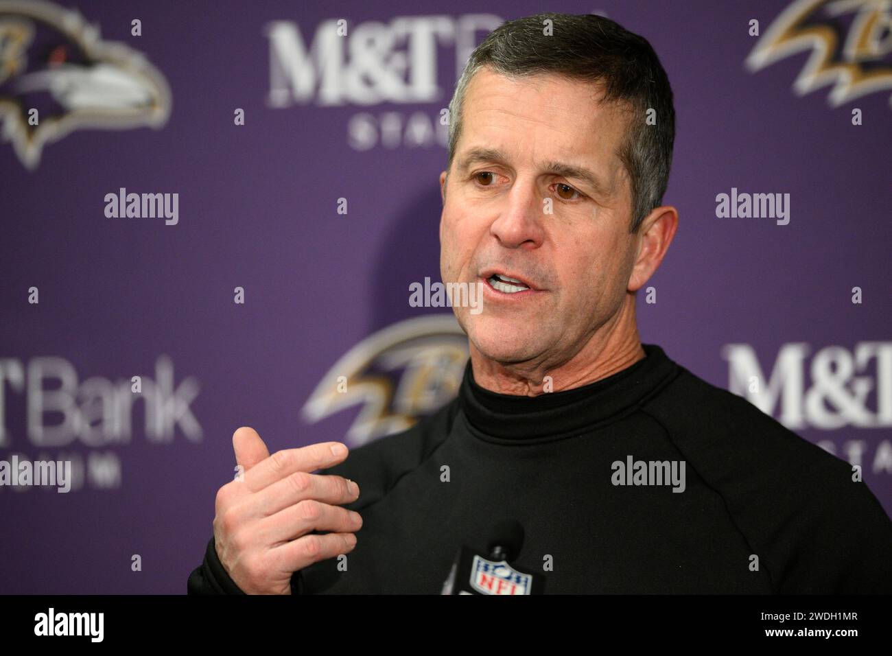 Baltimore Ravens head coach John Harbaugh speaks during a news ...
