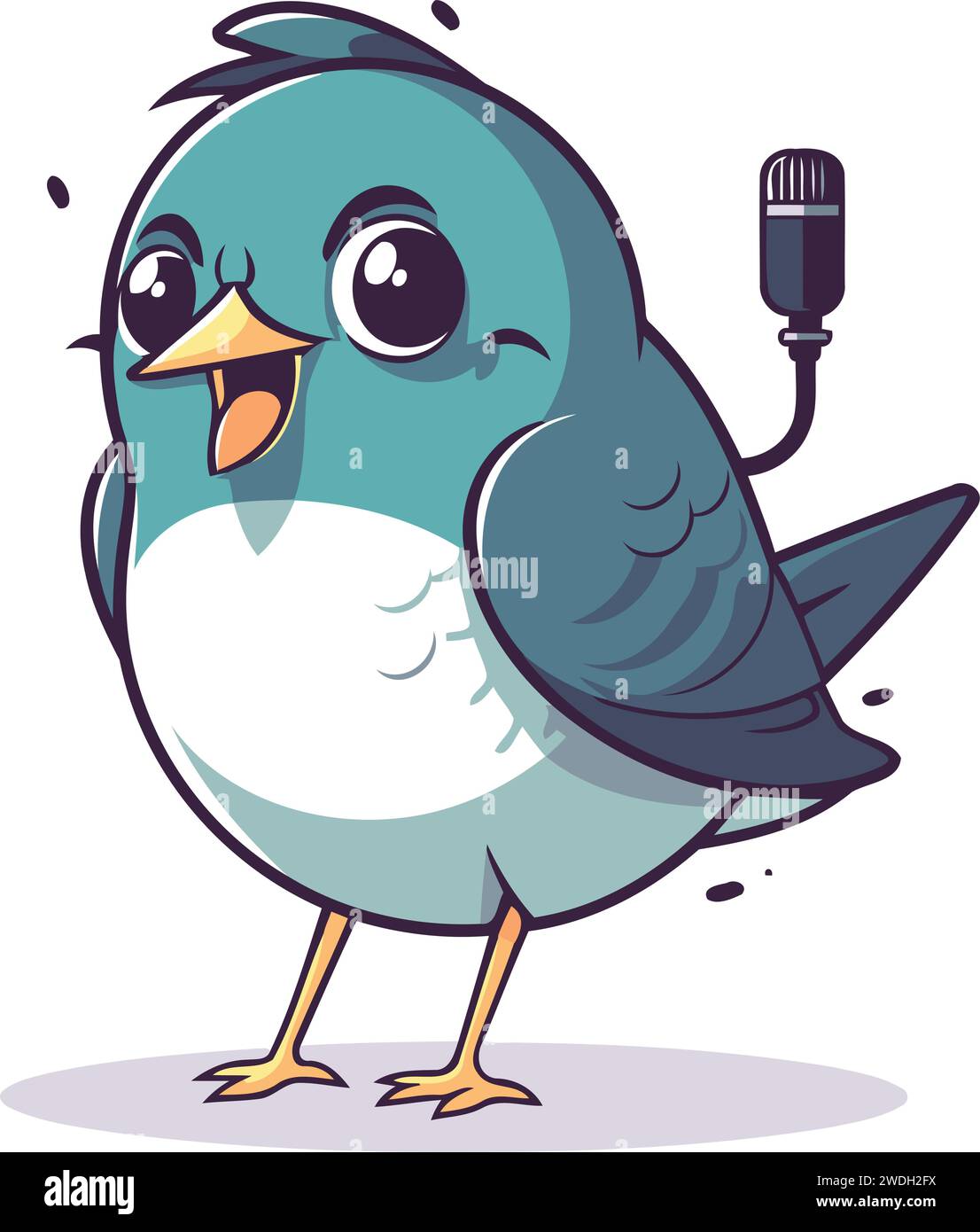 Vector illustration of a cute cartoon blue bird singing with a ...