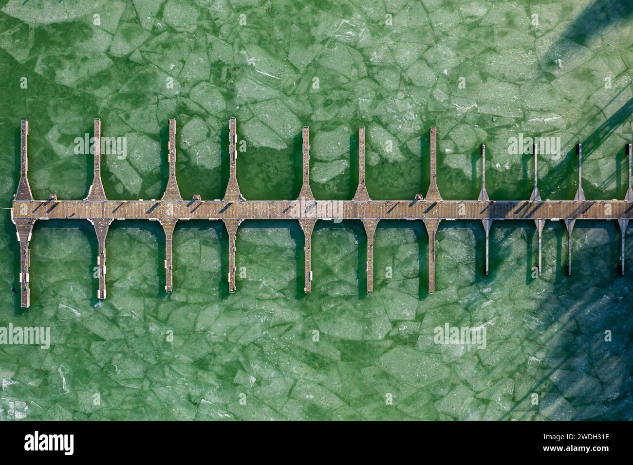 Aerial top down view about marina at Balatonlelle, Hungary. Ice floes ...
