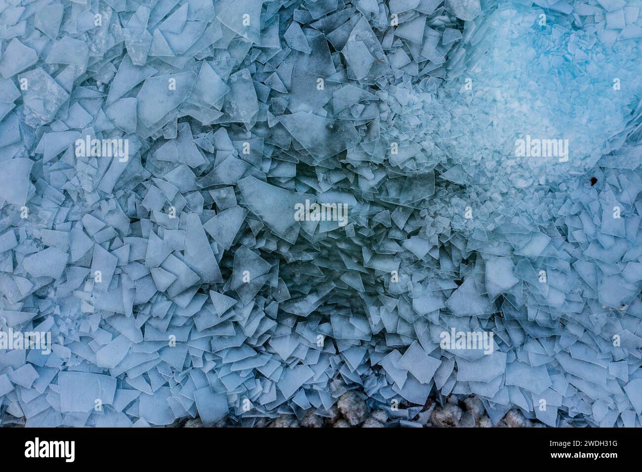 Aerial view about piled up ice floes on lake Balaton at Fonyódliget ...