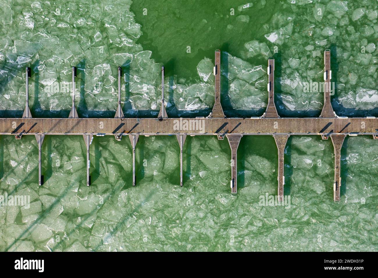 Aerial top down view about marina at Balatonlelle, Hungary. Ice floes ...