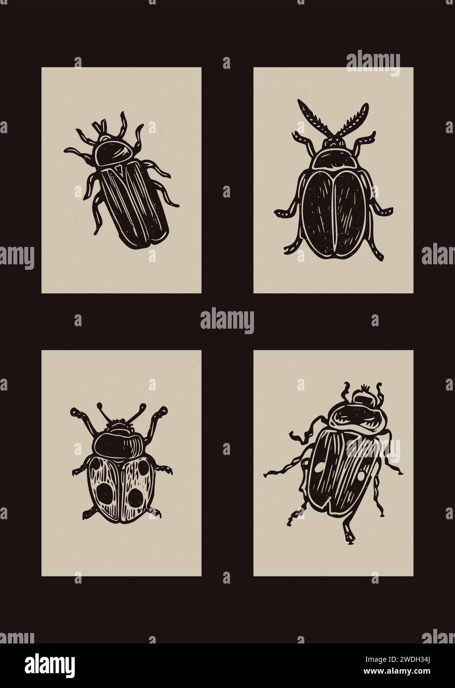 Handmade linocut bug motif clipart in folkart scandi vector style. Set ...