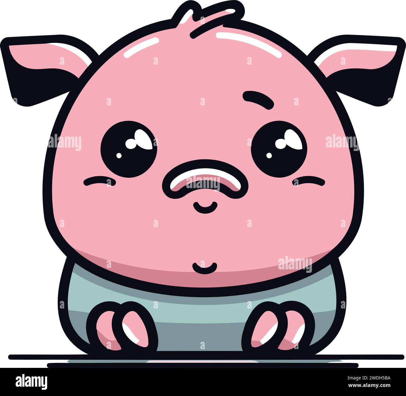 Cute cartoon pig with sad expression. Vector illustration in thin line ...