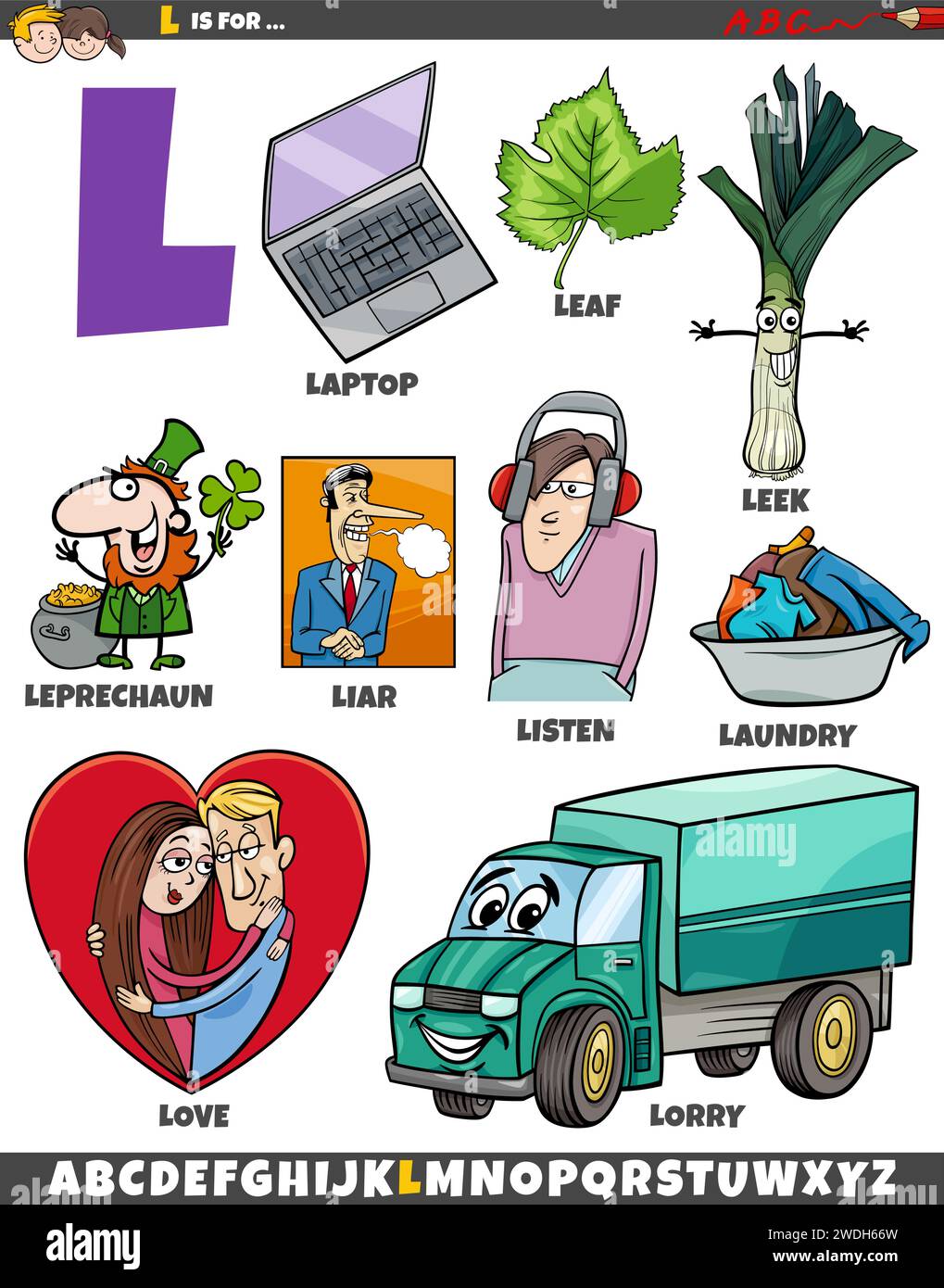 Cartoon illustration of objects and characters set for letter L Stock ...