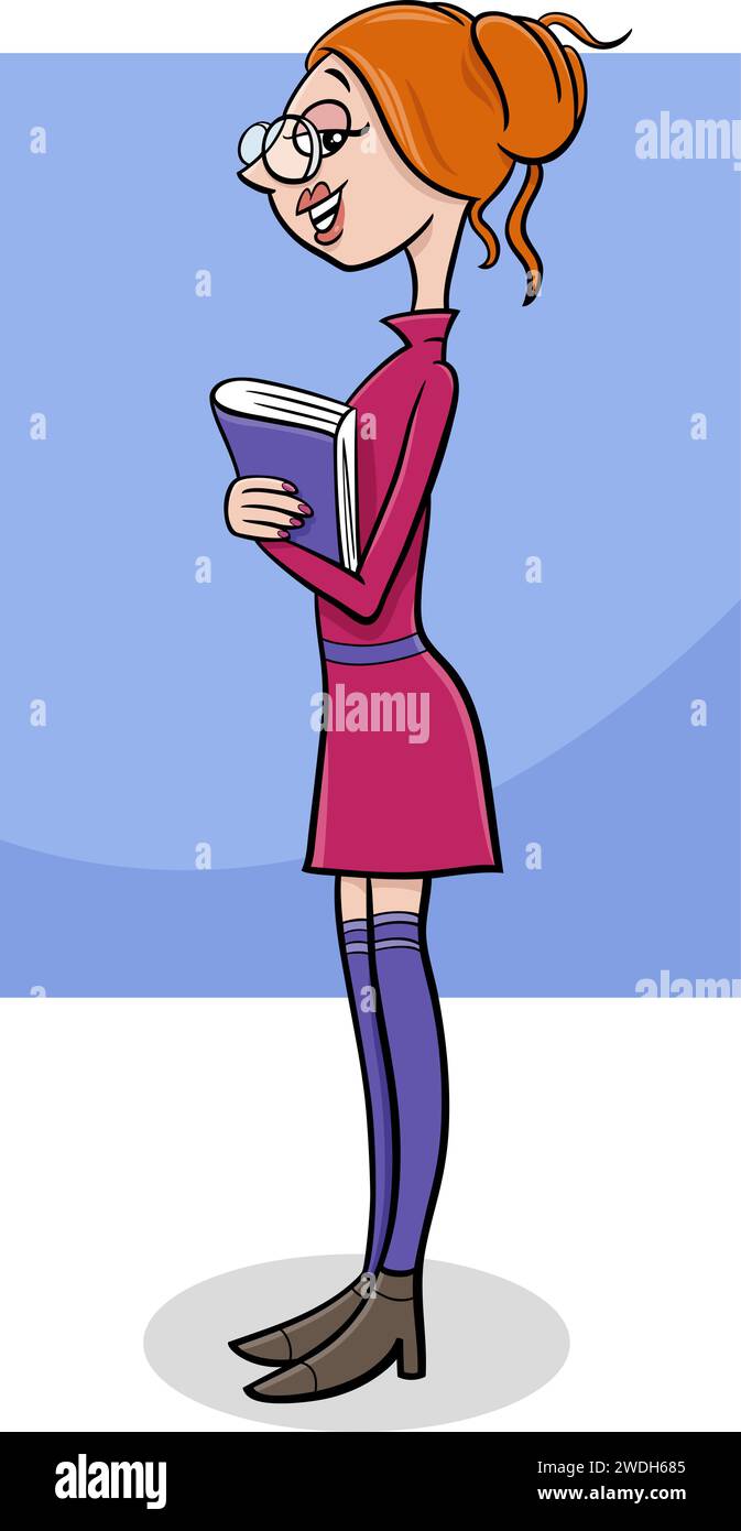 Cartoon illustration of funny young woman or girl comic character with ...