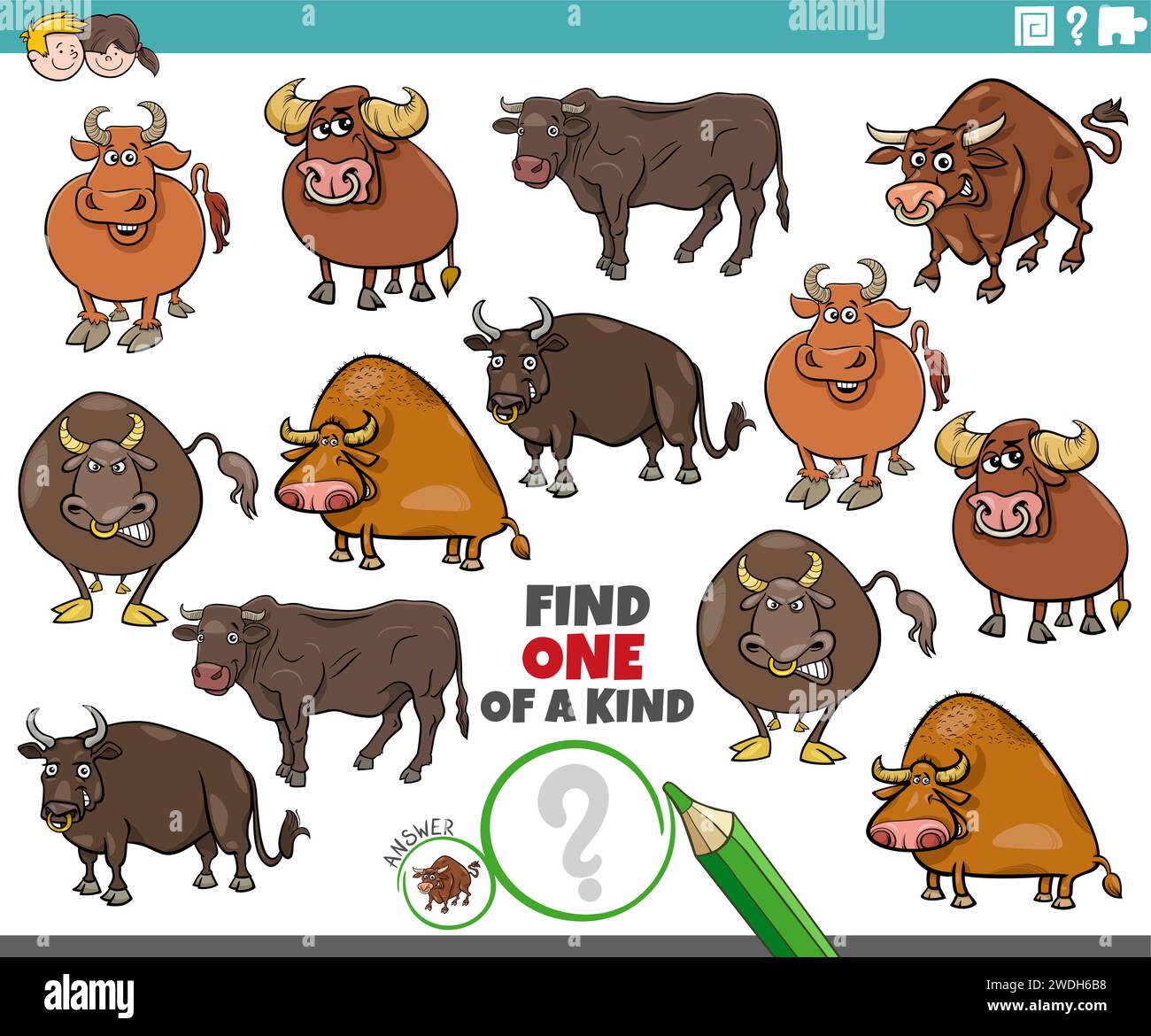 Cartoon illustration of find one of a kind picture educational activity ...