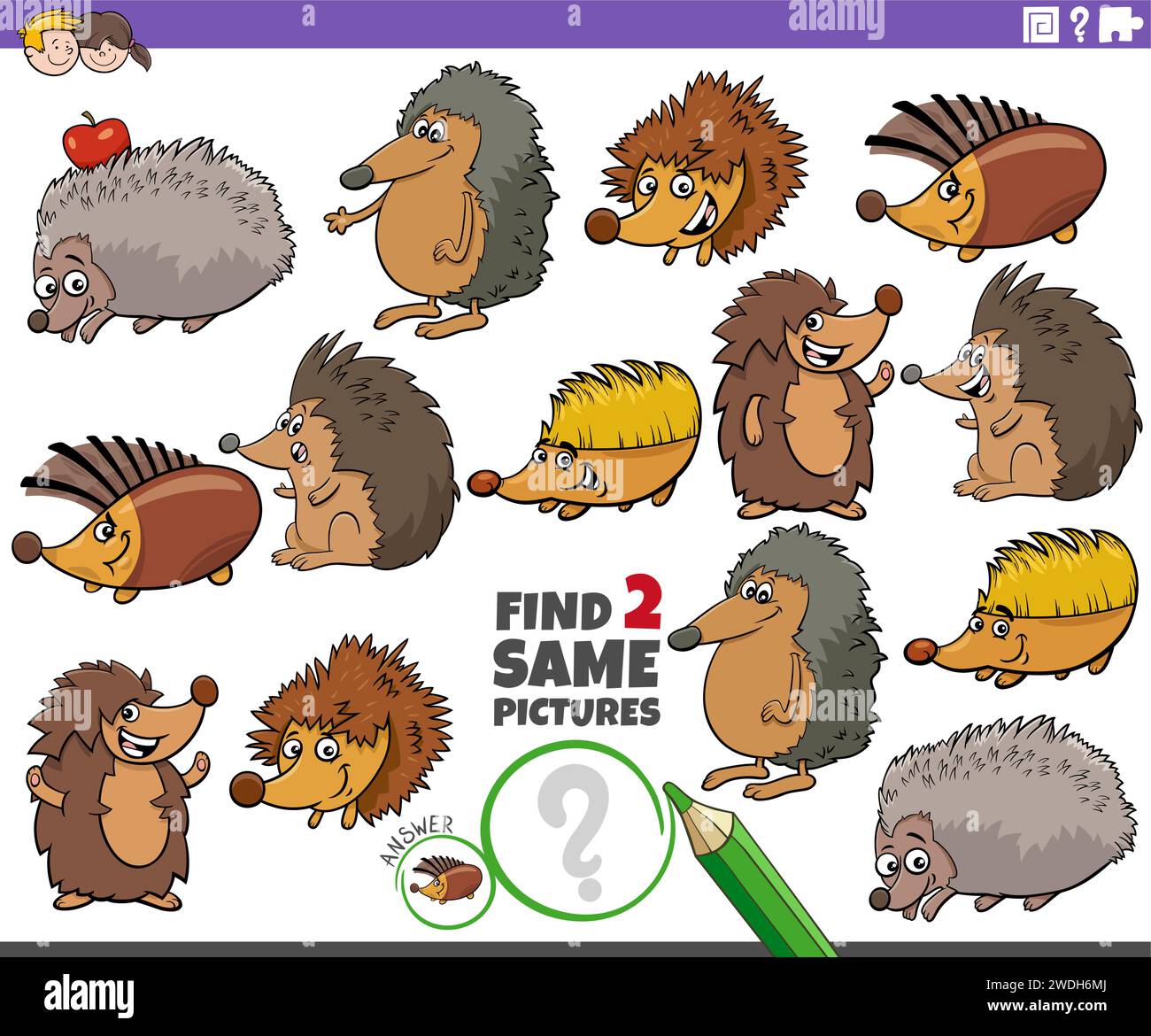 Cartoon illustration of finding two same pictures educational activity ...