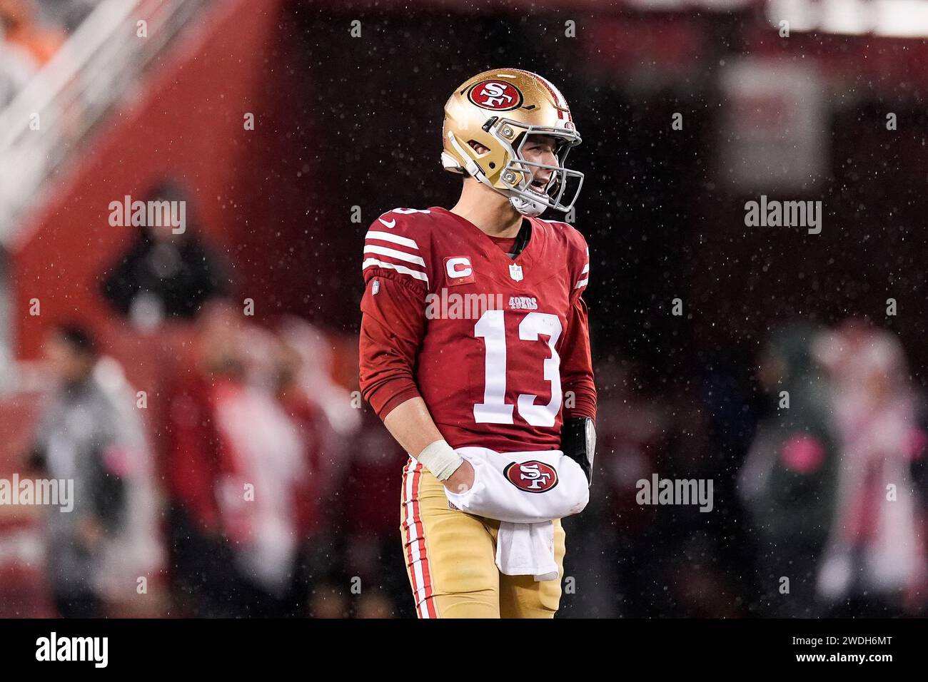 San Francisco 49ers quarterback Brock Purdy (13) stands on the field ...