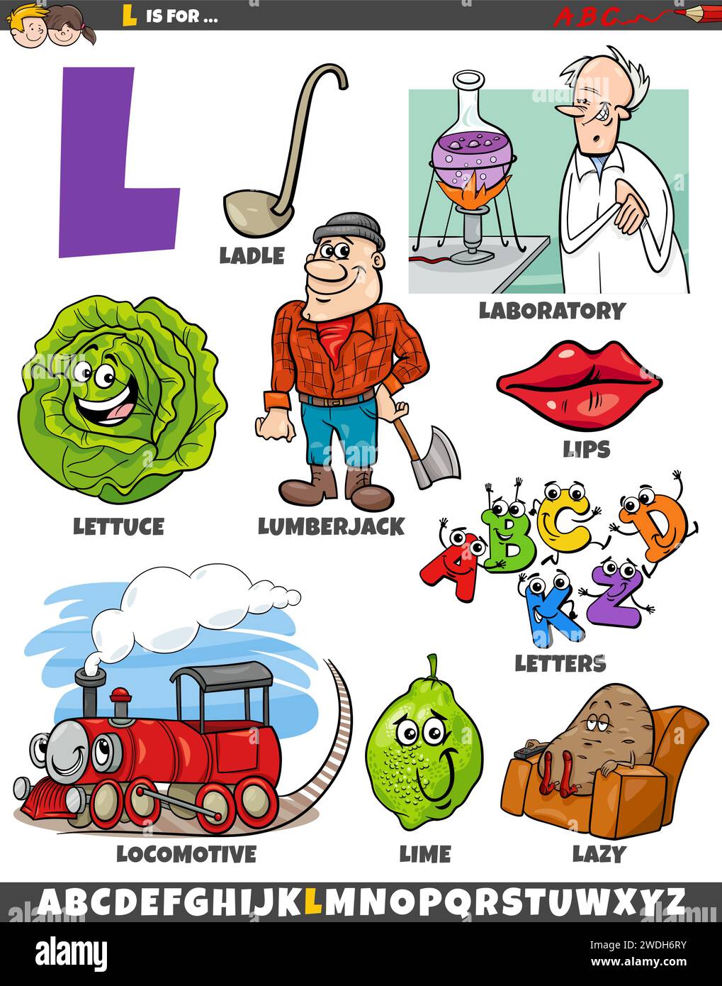 Cartoon illustration of objects and characters set for letter L Stock ...