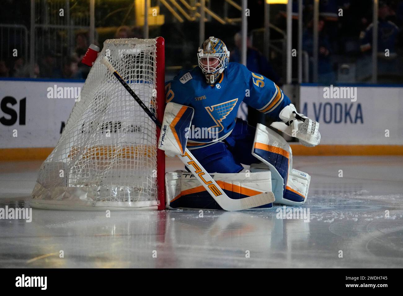 St. Louis Blues goaltender Jordan Binnington prepares before the start ...