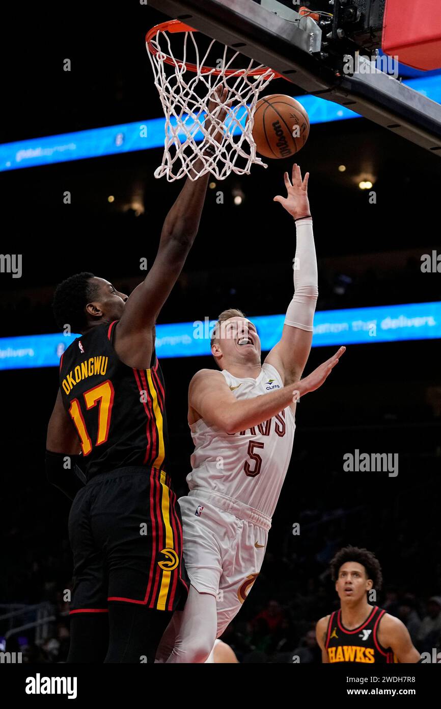 Cleveland Cavaliers guard Sam Merrill (5) shoots against Atlanta Hawks ...