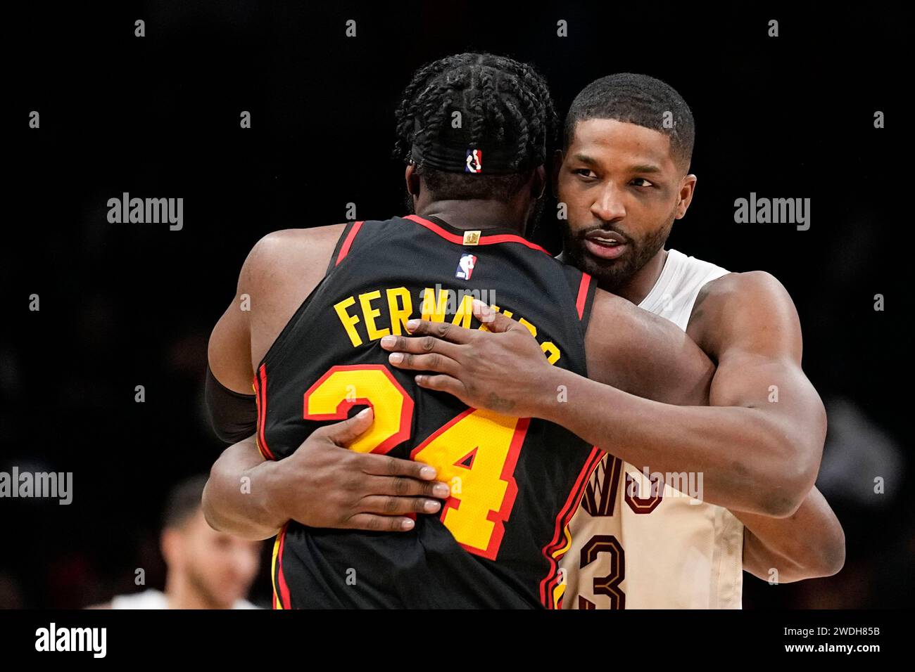 Atlanta Hawks forward Bruno Fernando (24) hugs Cleveland Cavaliers ...