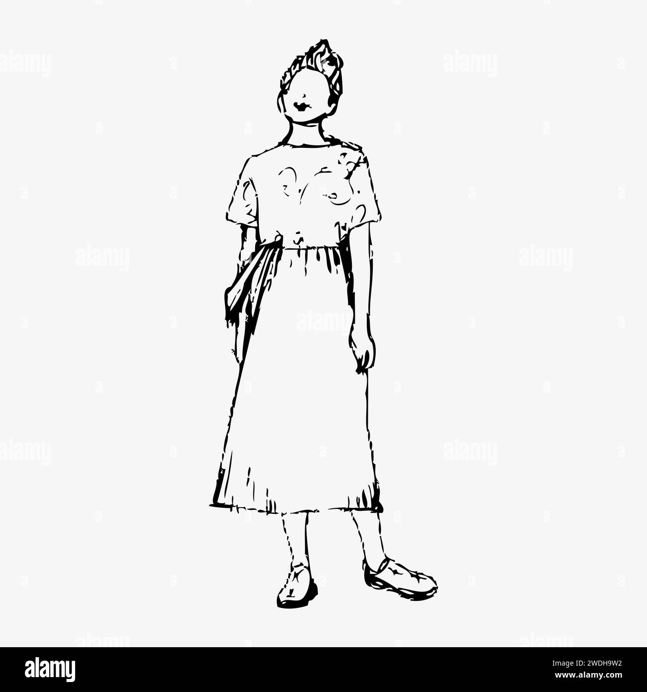 Young beautiful girl, hand sketch ink pen fictional character. Hand ...