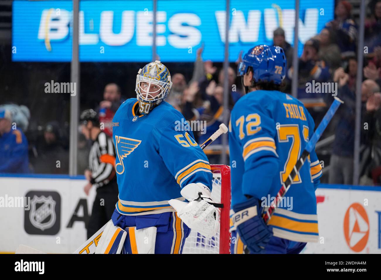 St. Louis Blues goaltender Jordan Binnington (50) is congratulated by ...