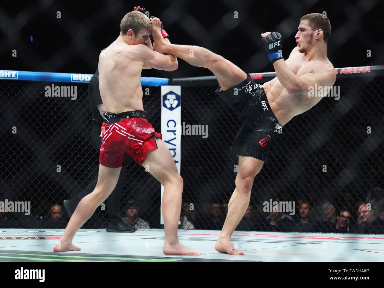 Arnold Allen, left, is kicked by Movsar Evloev during a featherweight ...
