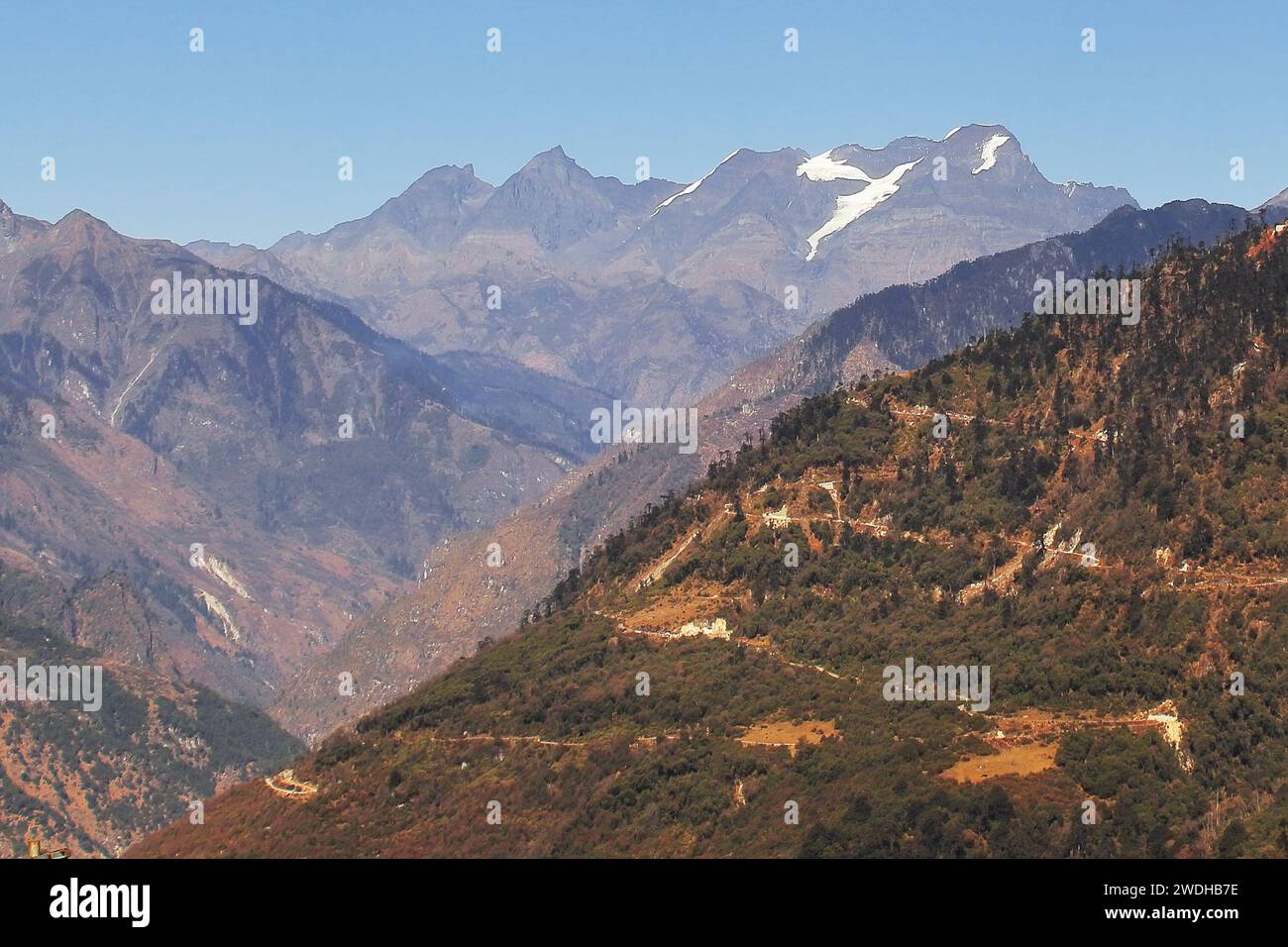 scenic snowcapped himalaya mountain range and arid alpine landscape ...