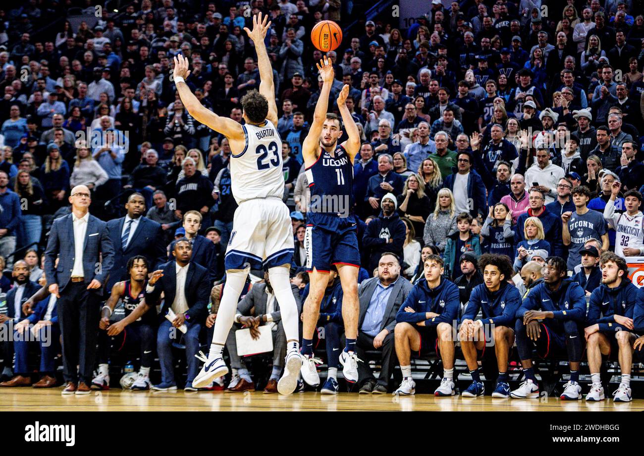 January 20, 2024, Philadelphia, Pa, USA: Connecticut Huskies forward Alex Karaban (11) takes a 3 ...