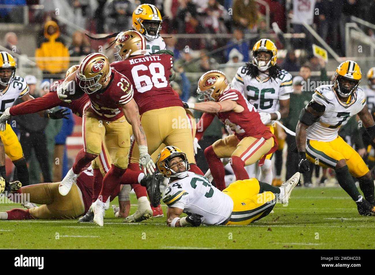 San Francisco 49ers running back Christian McCaffrey (23) scores a ...