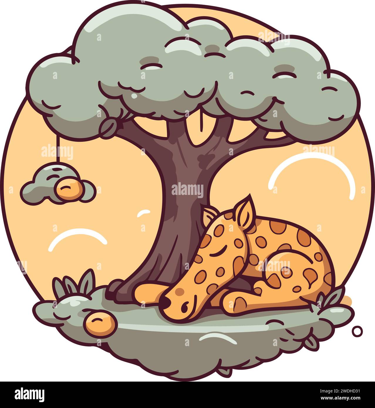 Illustration of a Cute Giraffe Sleeping Under a Tree Cartoon Style ...