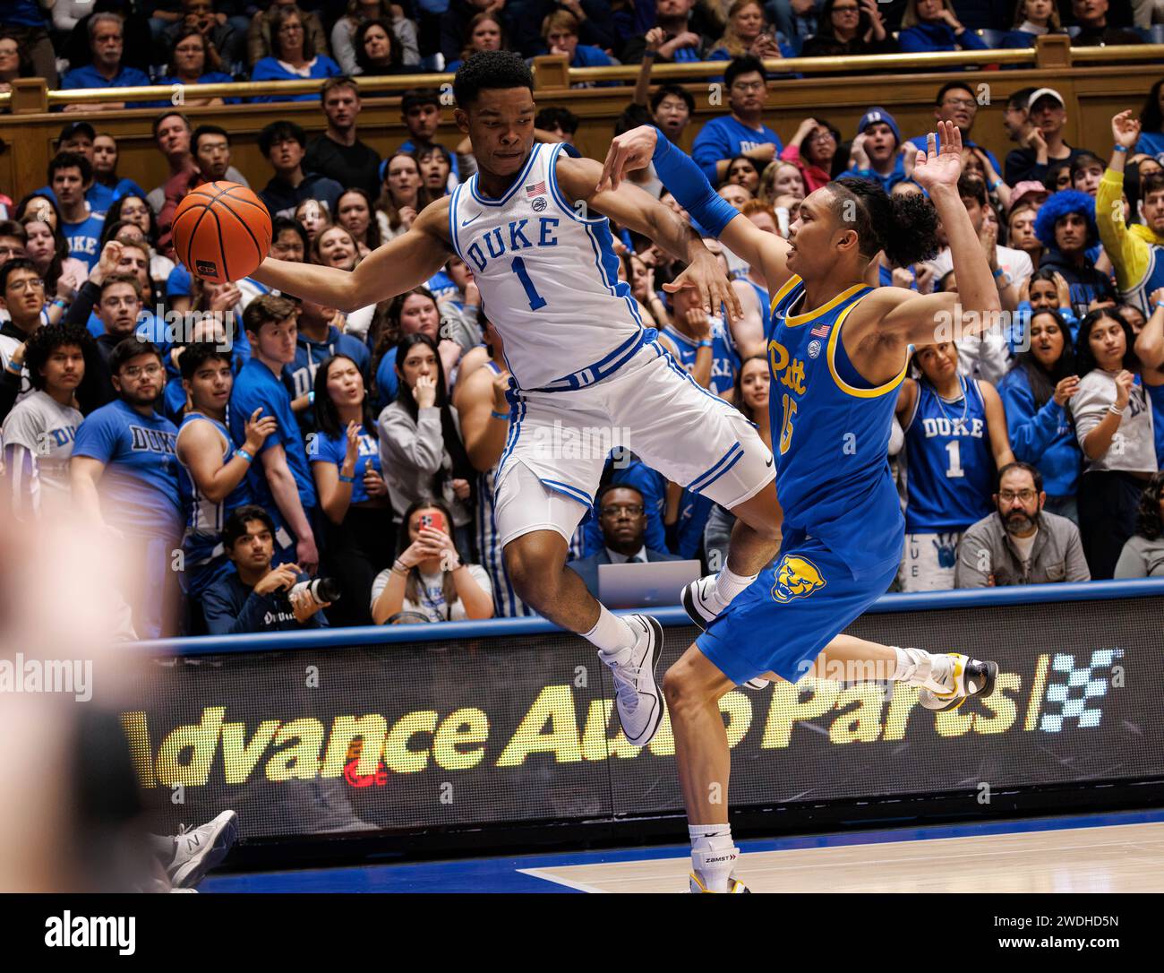 Duke's Caleb Foster (1) jumps to save the ball ahead of Pittsburgh's ...