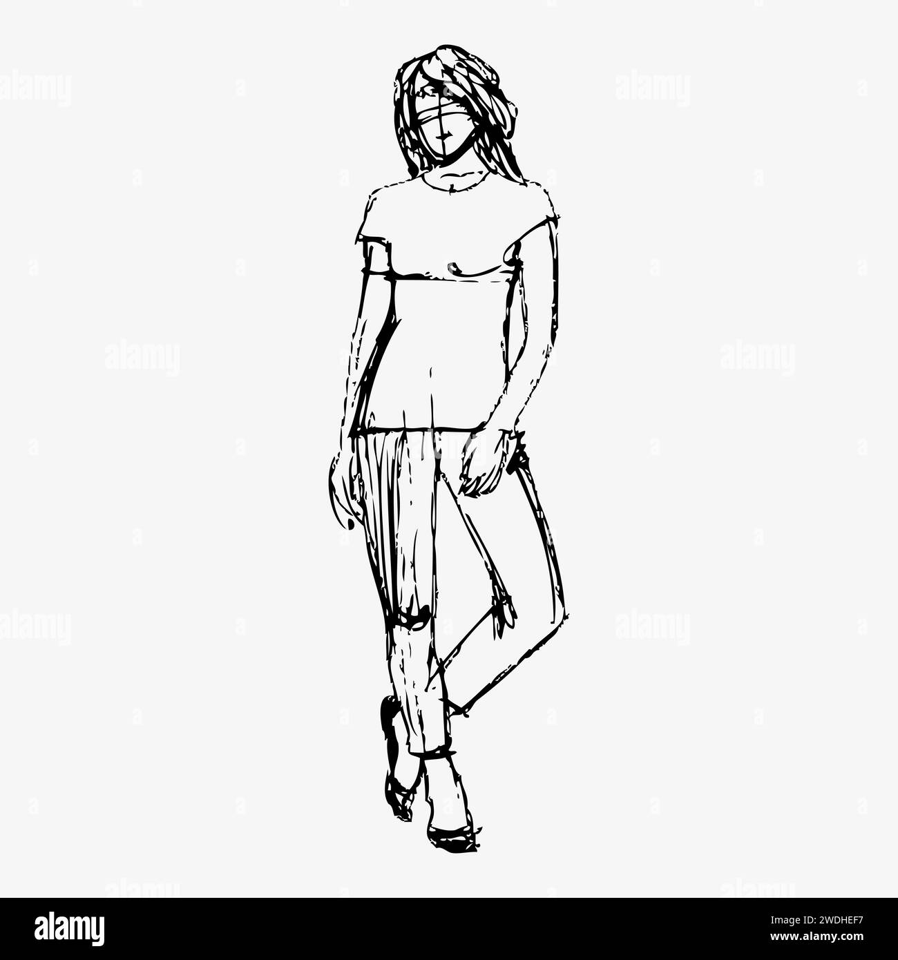 Young beautiful girl, hand sketch ink pen fictional character. Hand ...