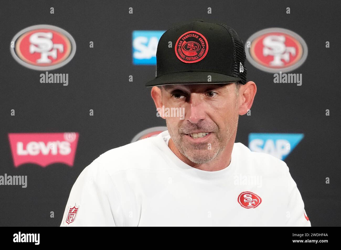 San Francisco 49ers head coach Kyle Shanahan speaks at a news ...